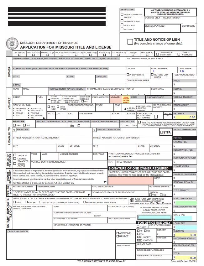 Fillable Form Missouri Vehicle Registration (2019) | PDFRun