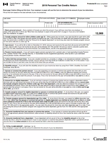 Fillable Form TD1 (2019) | Edit, Sign & Download in PDF | PDFRun