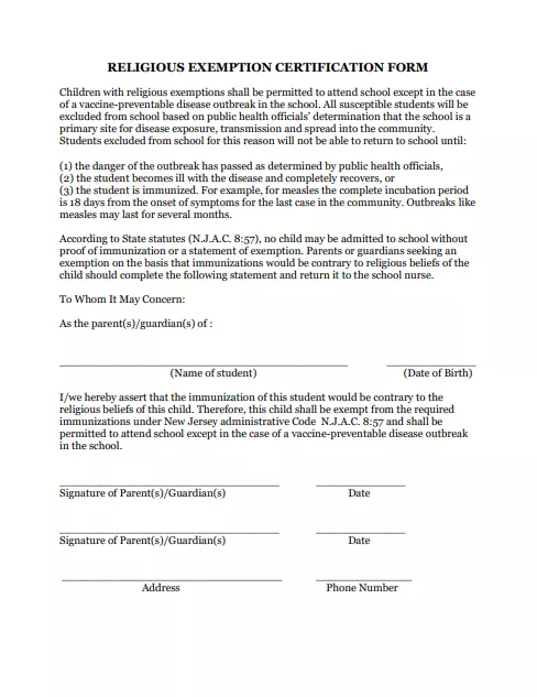 Fillable Form New Jersey Immunization Religious Exemption | PDFRun