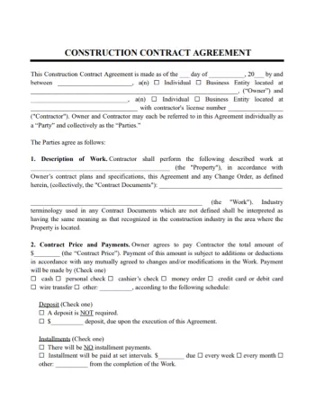 Fillable Form Construction Contract Agreement | PDFRun