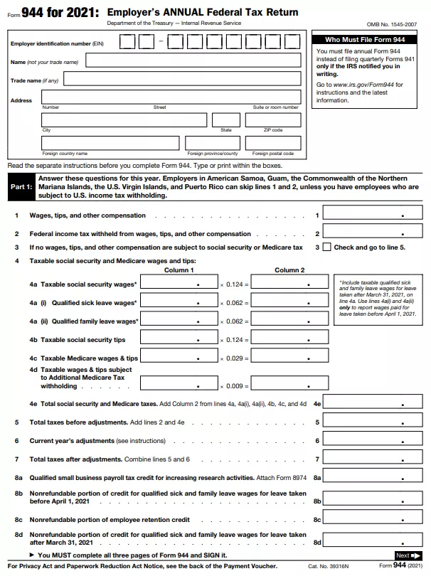 Fillable Form 944 (2021) | Edit, Sign & Download in PDF | PDFRun