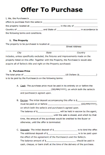 Fillable Form Offer To Purchase | Edit, Sign & Download in PDF | PDFRun