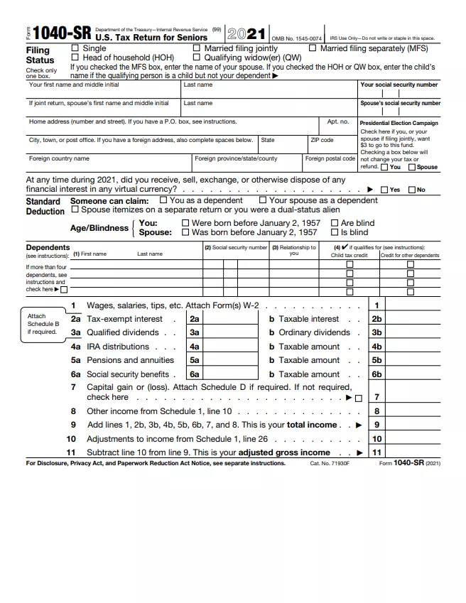 Fillable Form 1040-SR (2021) | Edit, Sign & Download in PDF | PDFRun