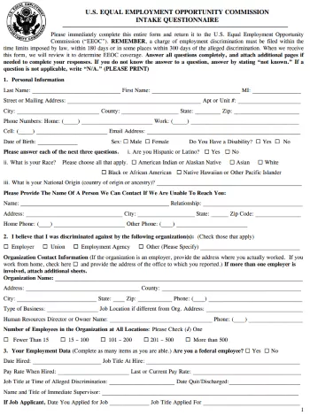 Fillable Form EEOC Intake Questionnaire | PDFRun