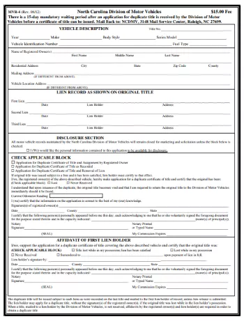 Fillable Form North Carolina Duplicate Title Application (MVR-4)