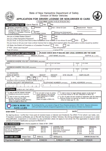 Fillable Form DSMV 450 New Hampshire Driver License Application