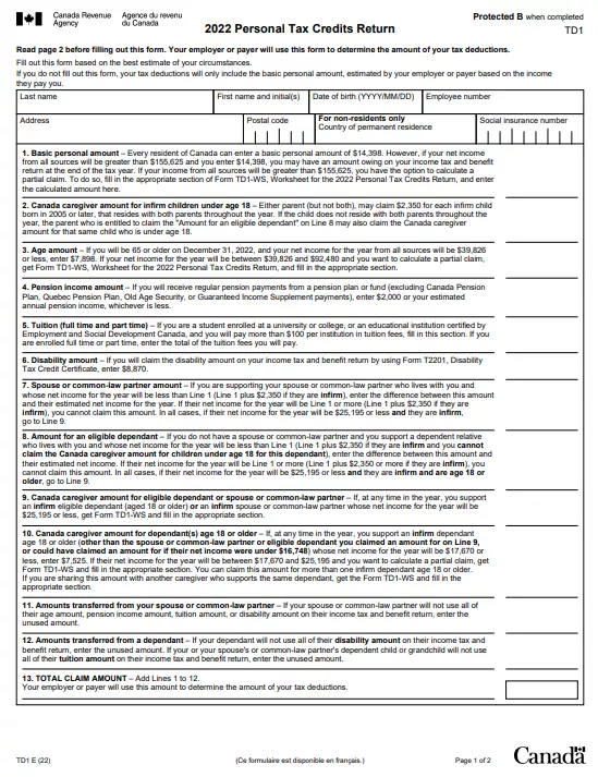 Fillable Form TD1 (2022) | Edit, Sign & Download in PDF | PDFRun