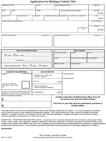 Fillable Form Michigan Vehicle Registration (TR-11L) | PDFRun