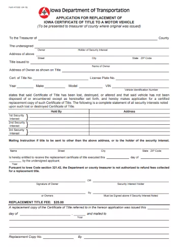 Fillable Form Iowa Vehicle Title Transfer (411033) | PDFRun
