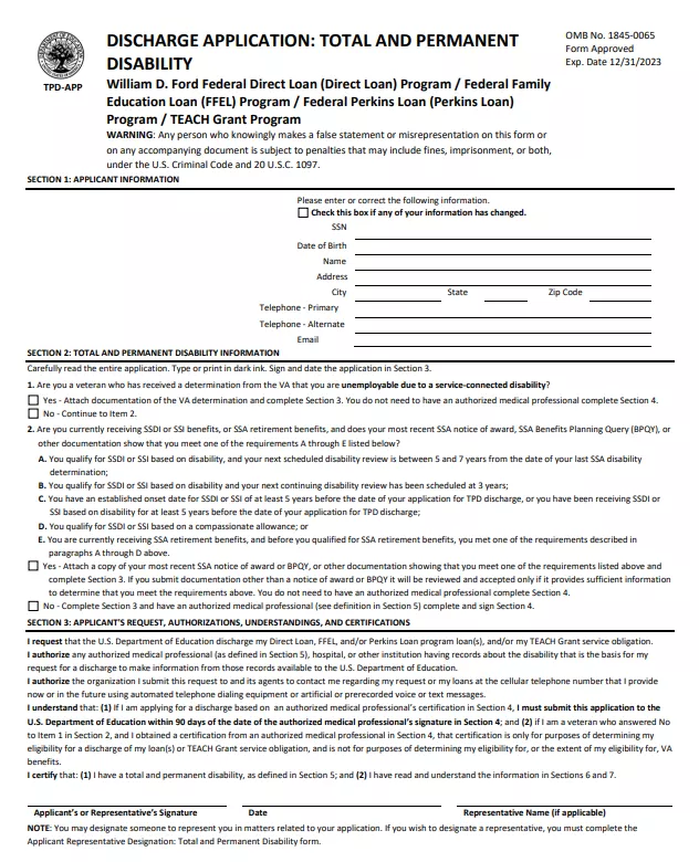 Fillable Form Discharge Application: Total and Permanent Disability