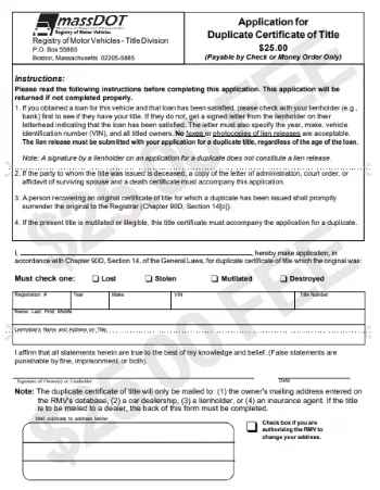 Fillable Form Massachussets Duplicate Title Application T20-558 | Edit ...