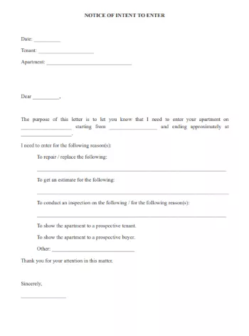 Fillable Form Notice of Intent to Enter Template | PDFRun