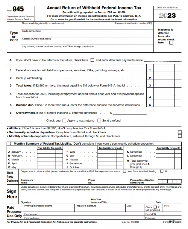 Fillable Form 945 (2023) | Edit, Sign & Download in PDF | PDFRun