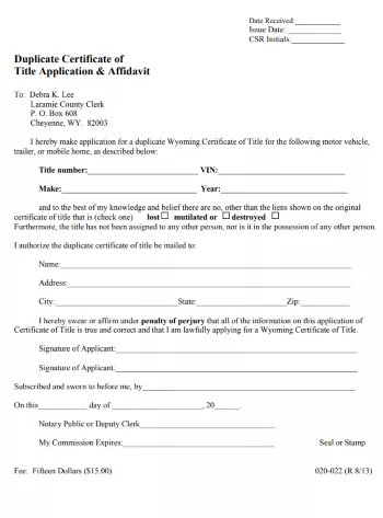 Fillable Form Wyoming Duplicate Title Application (202-022) | PDFRun