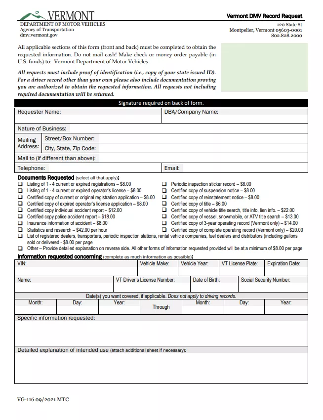 Fillable Form Vermont Driver Record Request (2020) | PDFRun