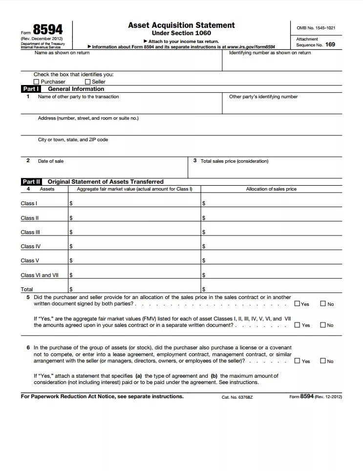 Fillable Form IRS 8594 | Edit, Sign & Download in PDF | PDFRun