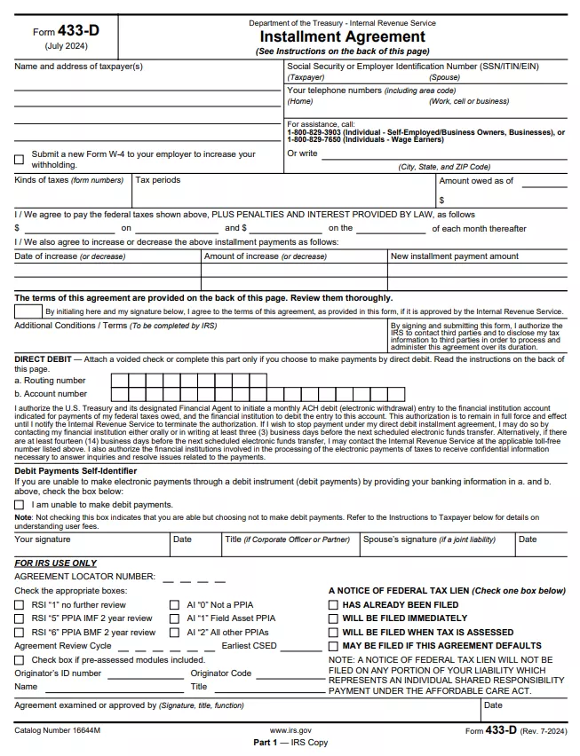 Fillable Form 433-D (2024) | Edit, Sign & Download in PDF | PDFRun