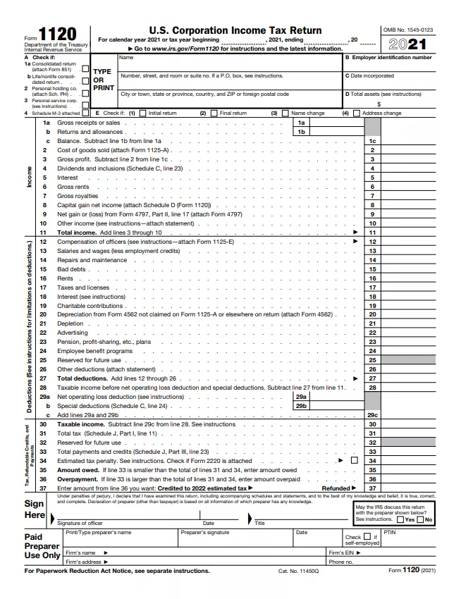 Fillable Form 1120 (2021) | Edit, Sign & Download in PDF | PDFRun