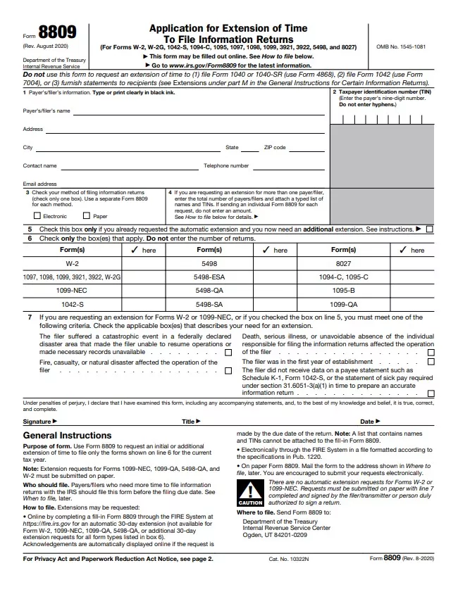 Fillable Form 8809 (2020) | Edit, Sign & Download in PDF | PDFRun