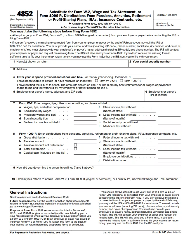 Fillable Form 4852 | Edit, Sign & Download in PDF | PDFRun
