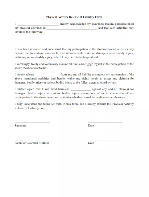 Fillable Form Physical Activity Release Template | PDFRun