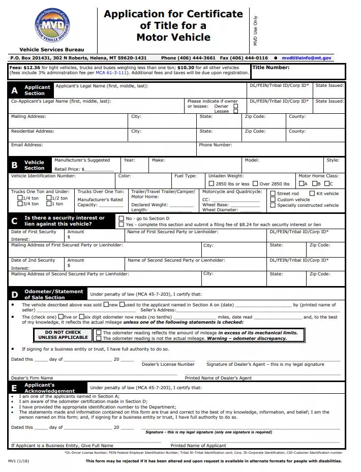 Fillable Form Montana Vehicle Registration (MV1) | PDFRun