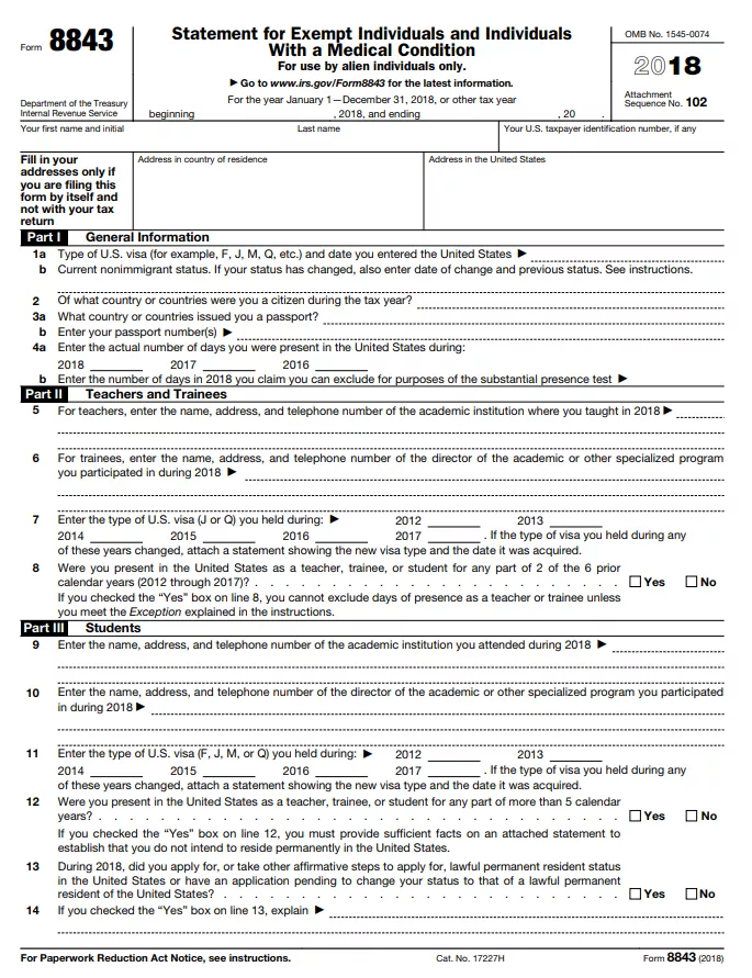 Fillable Form 8843 (2018) | Edit, Sign & Download in PDF | PDFRun