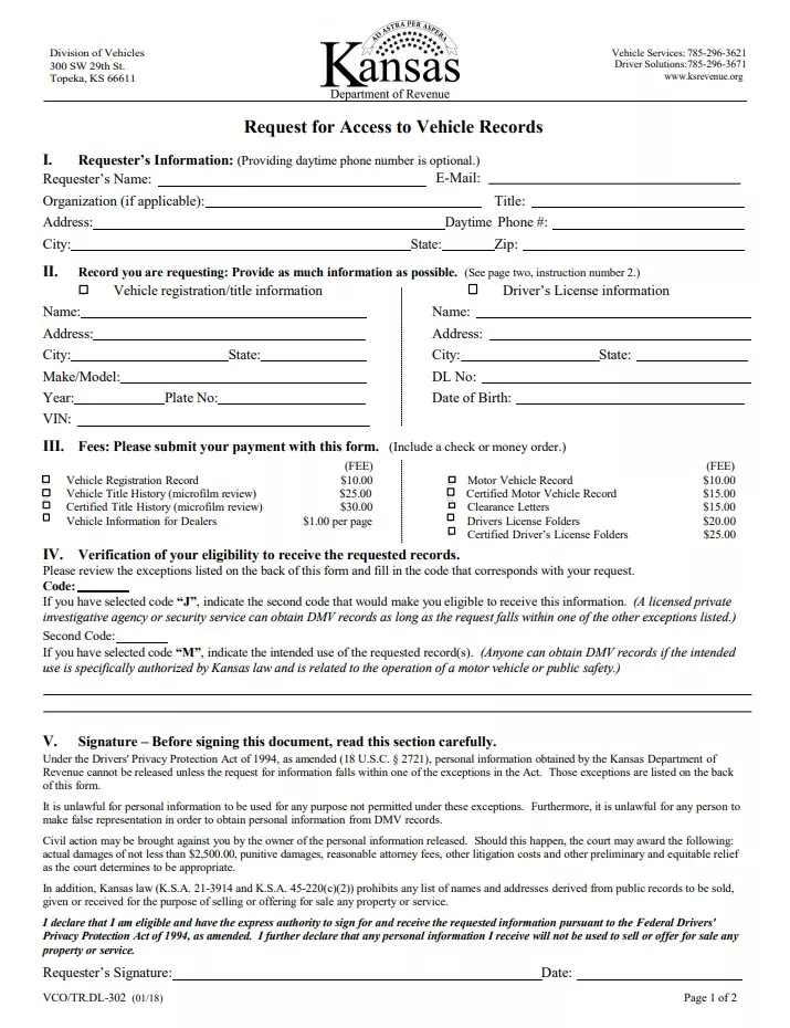 Fillable Form TRDL-302 Kansas Driving Record Request