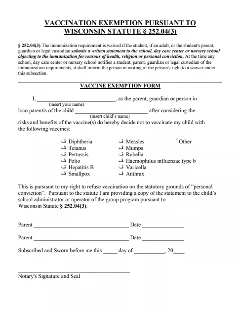 Fillable Form Wisconsin Immunization Religious Exemption | PDFRun
