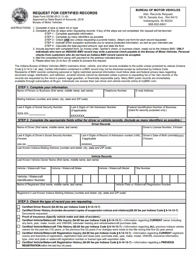Fillable Form Indiana Driving Record Request (Form 53789) | PDFRun