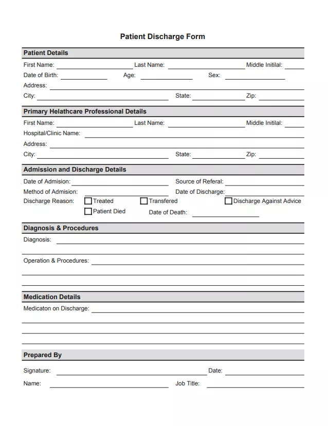 Fillable Form Hospital Discharge Paper | PDFRun