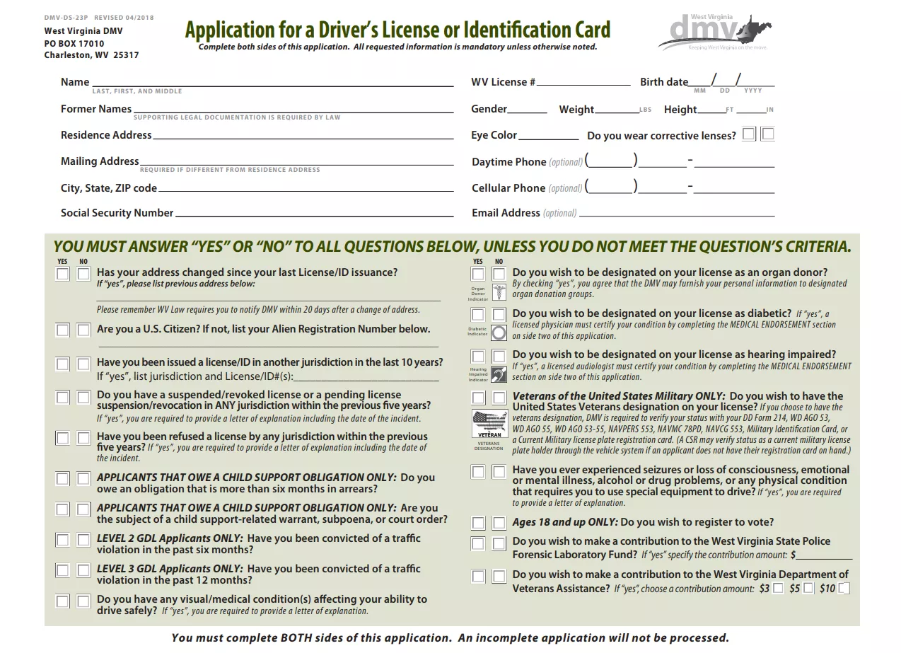 Fillable Form West Virginia ID Application (DS 23-P) | PDFRun