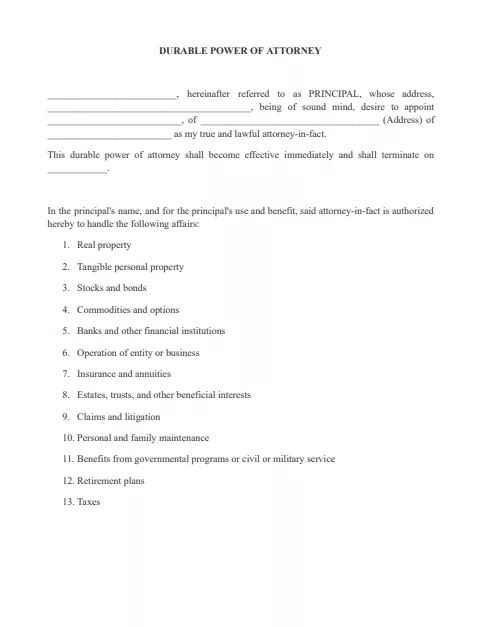Fillable Form Power of Attorney Form (Durable Effective Immediately)