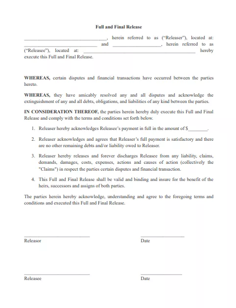 Fillable Form Full and Final Release Template | PDFRun