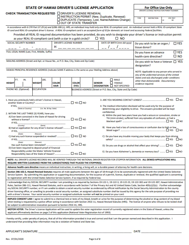 Fillable Form Hawaii Driver's License Application | PDFRun