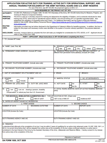 Fillable Form DA 1058 (2020) | Edit, Sign & Download in PDF | PDFRun
