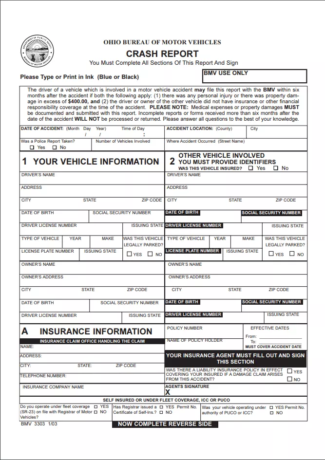 Fillable Form BMV 3303 Ohio Accident Report | PDFRun