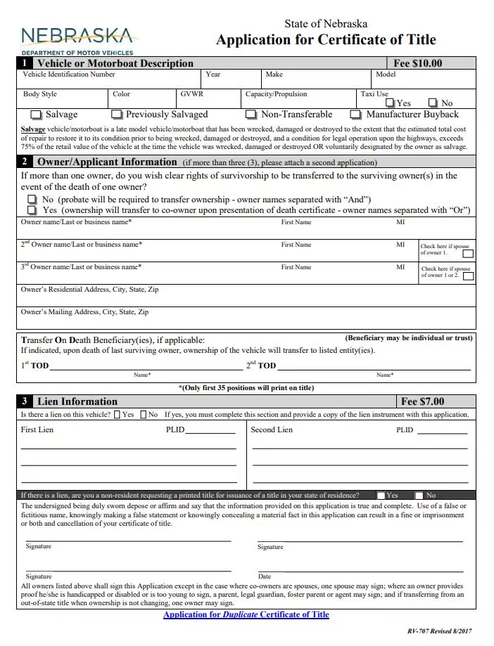 Fillable Form Nebraska Vehicle Registration (RV-707) | PDFRun