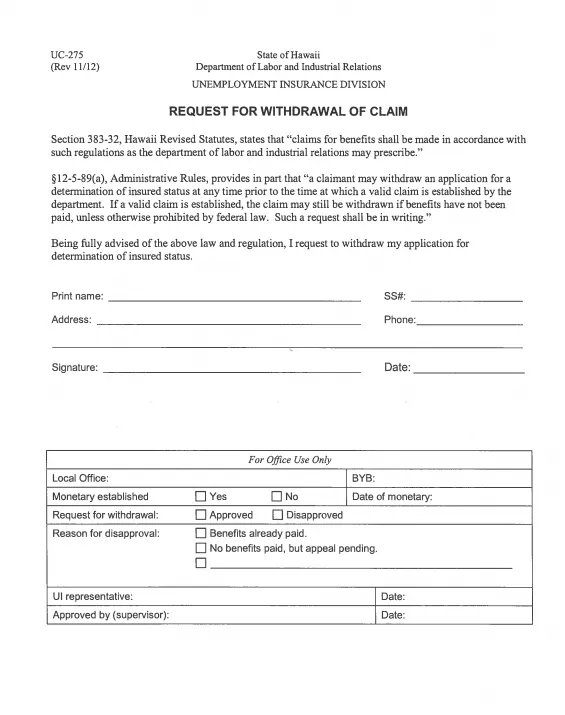 Fillable Form Hawaii Unemployment Insurance Withdrawal of Claim | Edit ...