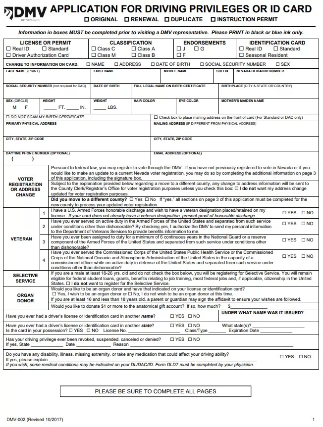 Fillable Form Nevada State ID Application (DMV 002) | PDFRun