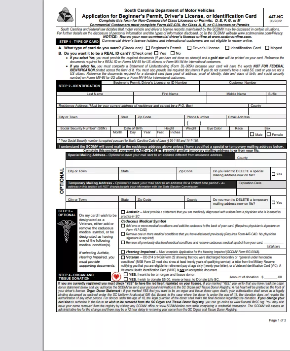 Fillable Form South Carolina Driver License Application (2022)