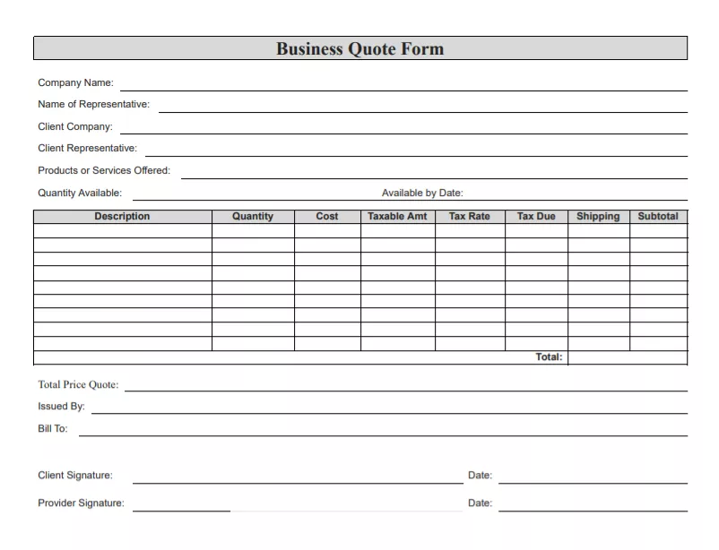 Fillable Form Business Quote Form | Edit, Sign & Download in PDF | PDFRun