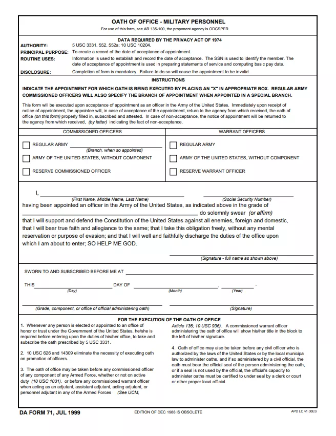 Fillable Form DA 71 | Edit, Sign & Download in PDF | PDFRun