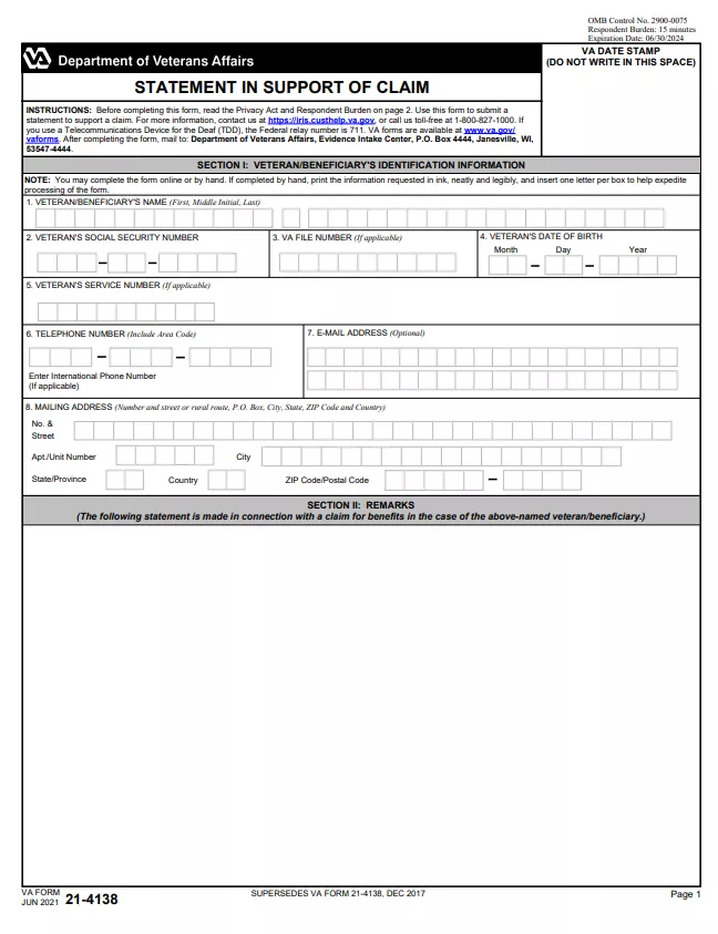 Fillable Form VA 21-4138 | Edit, Sign & Download in PDF | PDFRun
