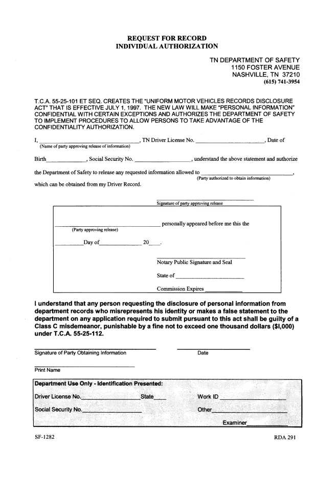 Fillable Form Tennessee Driver Record Request (SF 1282) | PDFRun