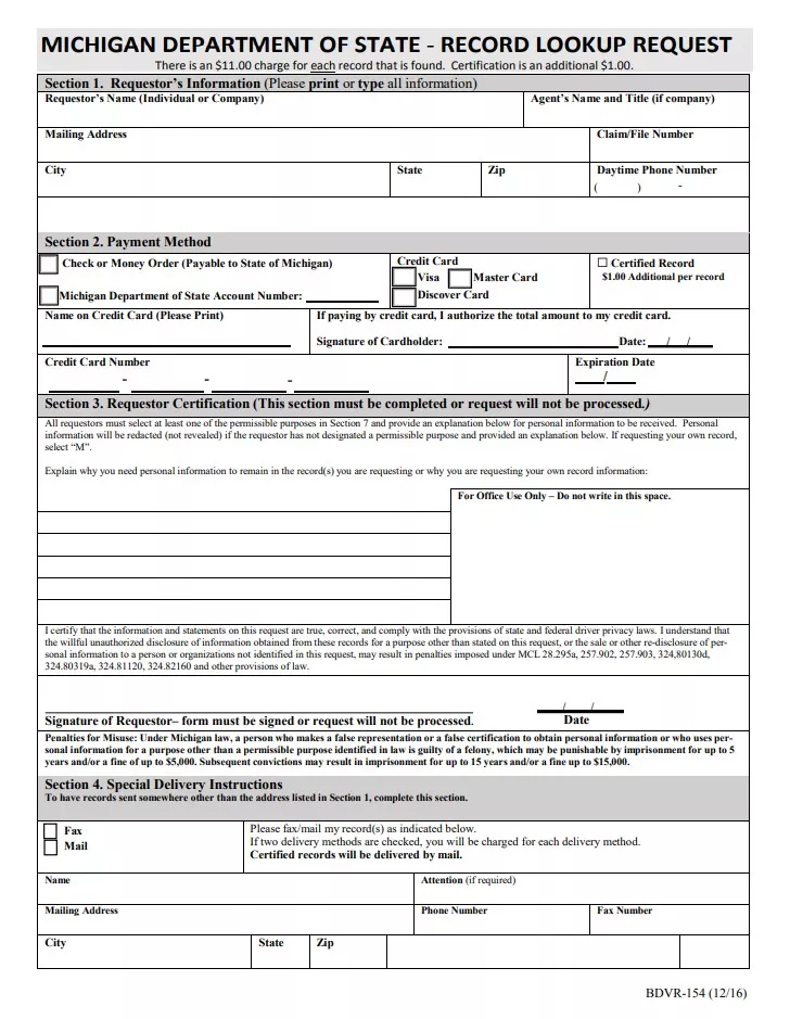 Fillable Form Michigan Record Lookup Request | PDFRun