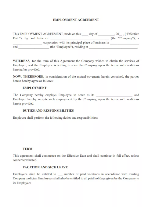 Fillable Form Employment Agreement (General/Short Form) | PDFRun