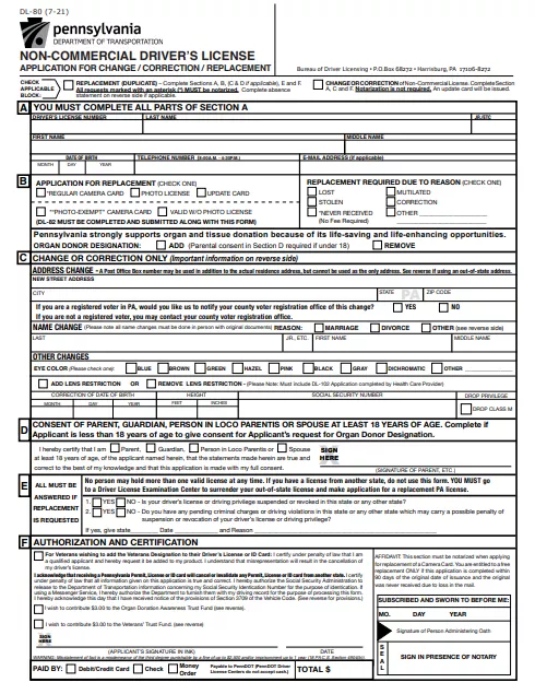 Fillable Form DL-80 PA Driver License Change of Address (2021)
