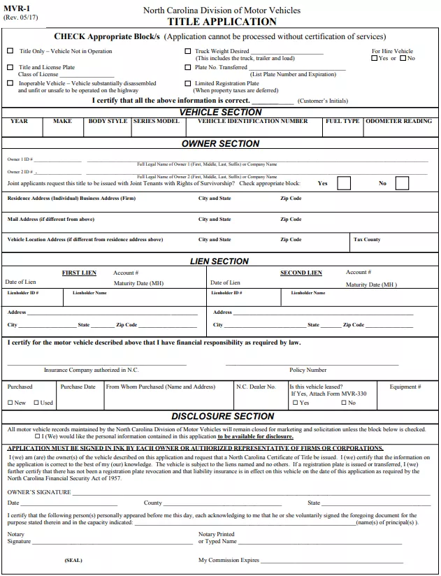 Fillable Form North Carolina Vehicle Registration (MVR-1) | PDFRun