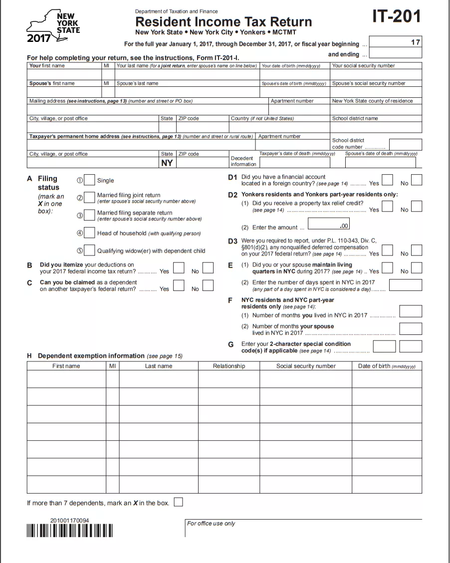 Fillable Form IT-201 (2017) | Edit, Sign & Download in PDF | PDFRun